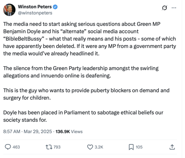 The attack on Green Party MP Benjamin Doyle by Winston Peters is an ...
