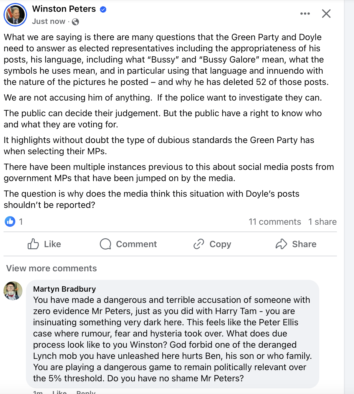 My response to Winston back-peddling over serious Green Party MP ...