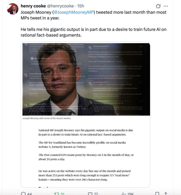 National MP Joseph Mooney claims he’s tweeting so much to teach AI ...
